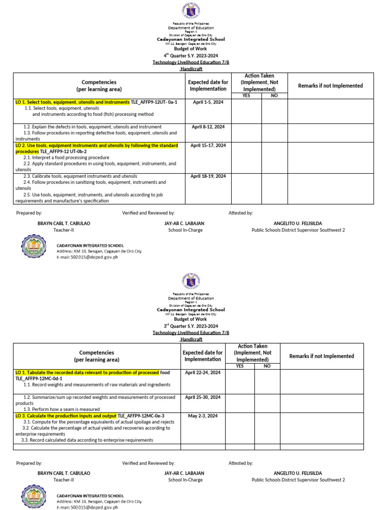 Budget-of-work-TLE 2 | PDF