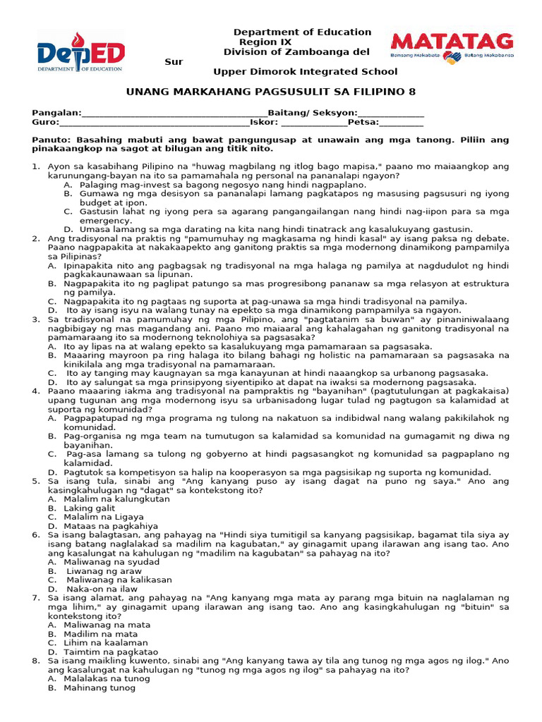 Filipino 8 Q1 Exam | PDF