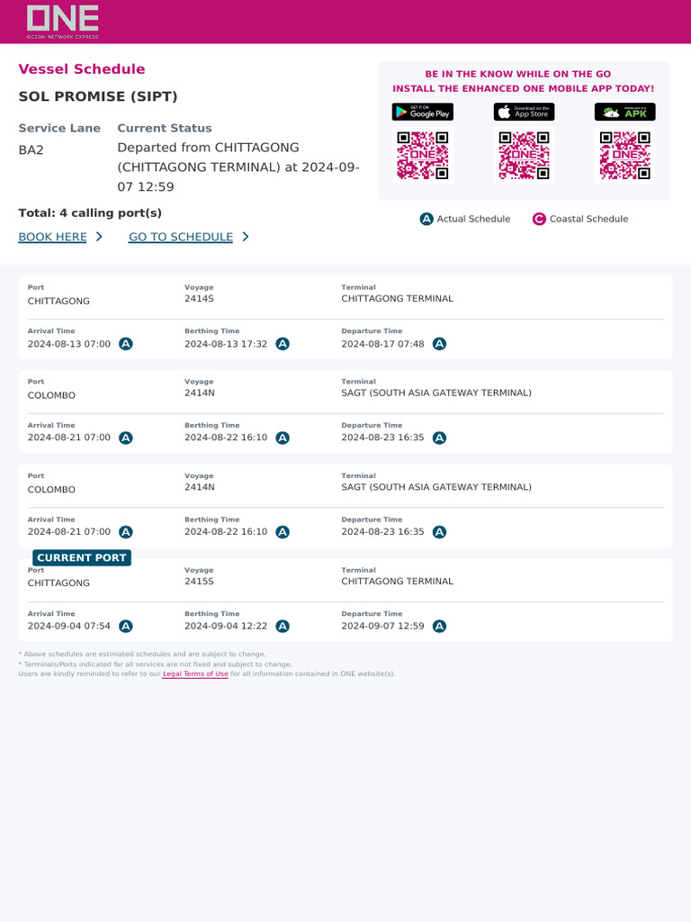 ONE Vessel Schedule 20240909 | PDF | Water Transport | Shipping