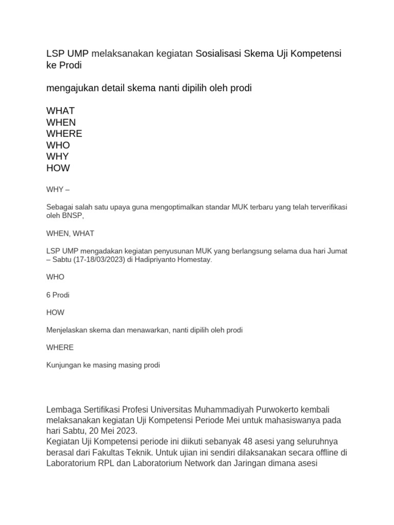 LSP UMP Melaksanakan Kegiatan Sosialisasi Skema Uji Kompetensi Ke Prodi | PDF