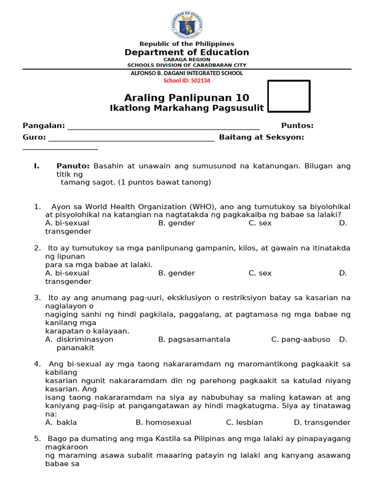 Ikatlong Markahang Pagsusulit Sa AP-10 | PDF