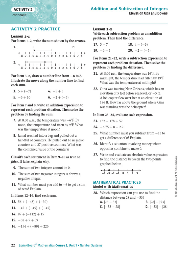 SpringBoard Activity Practice 2 Adding and Subtracting (1) | PDF