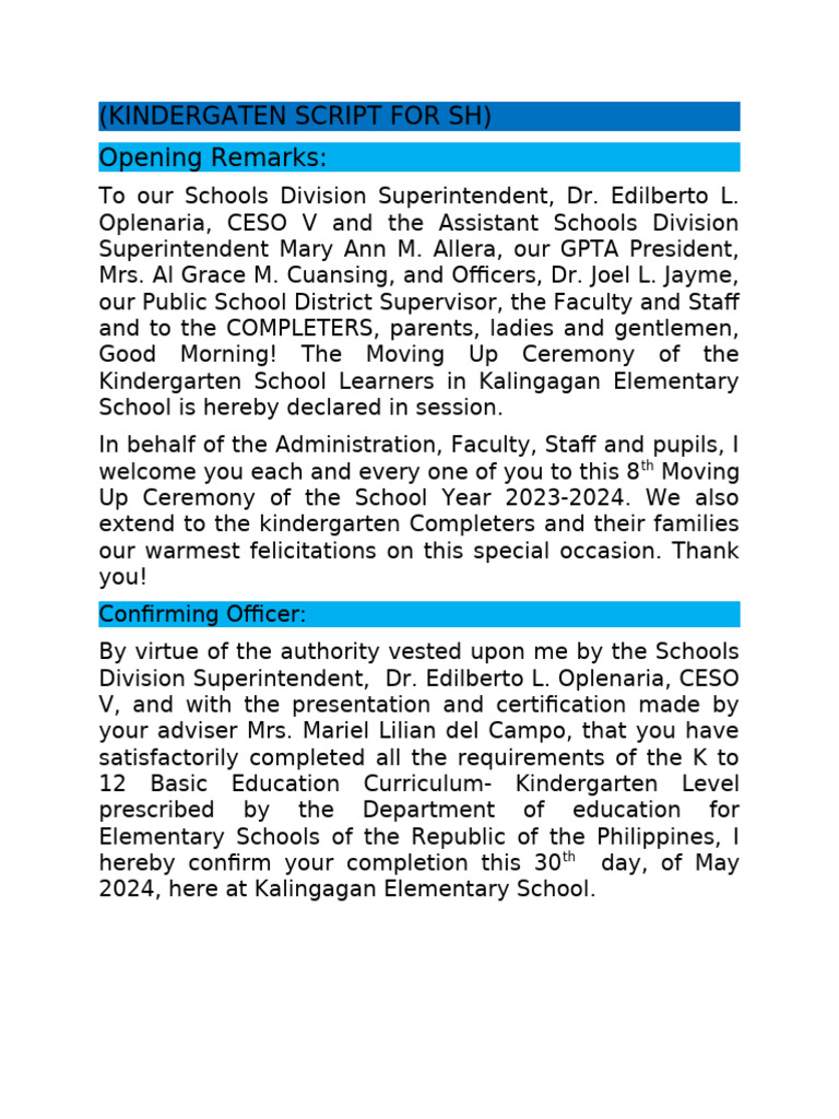 School Head Script For Moving Up and Graduation | PDF