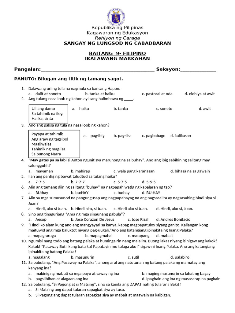 Filipino-9-Q2-Test Questions | PDF