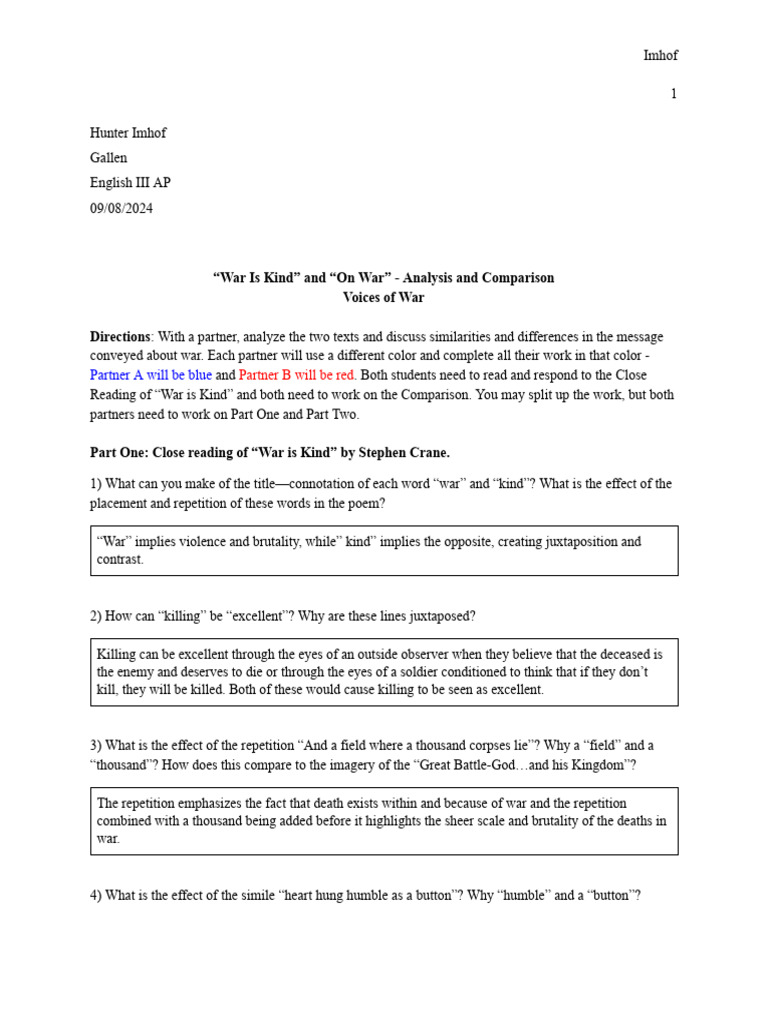 WarIsKind OnWar AnalysisAndComparison | PDF