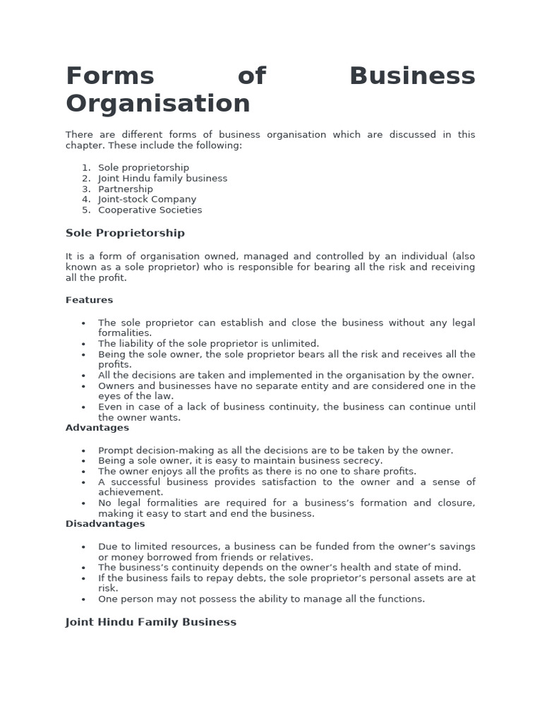 Forms of Business Organisation Notes | PDF