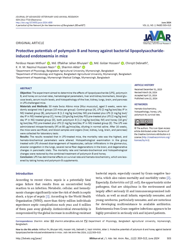 Comparative Study of Polymyxin B and Honey Against Bacterial Lipopolysaccharide-Induced ...