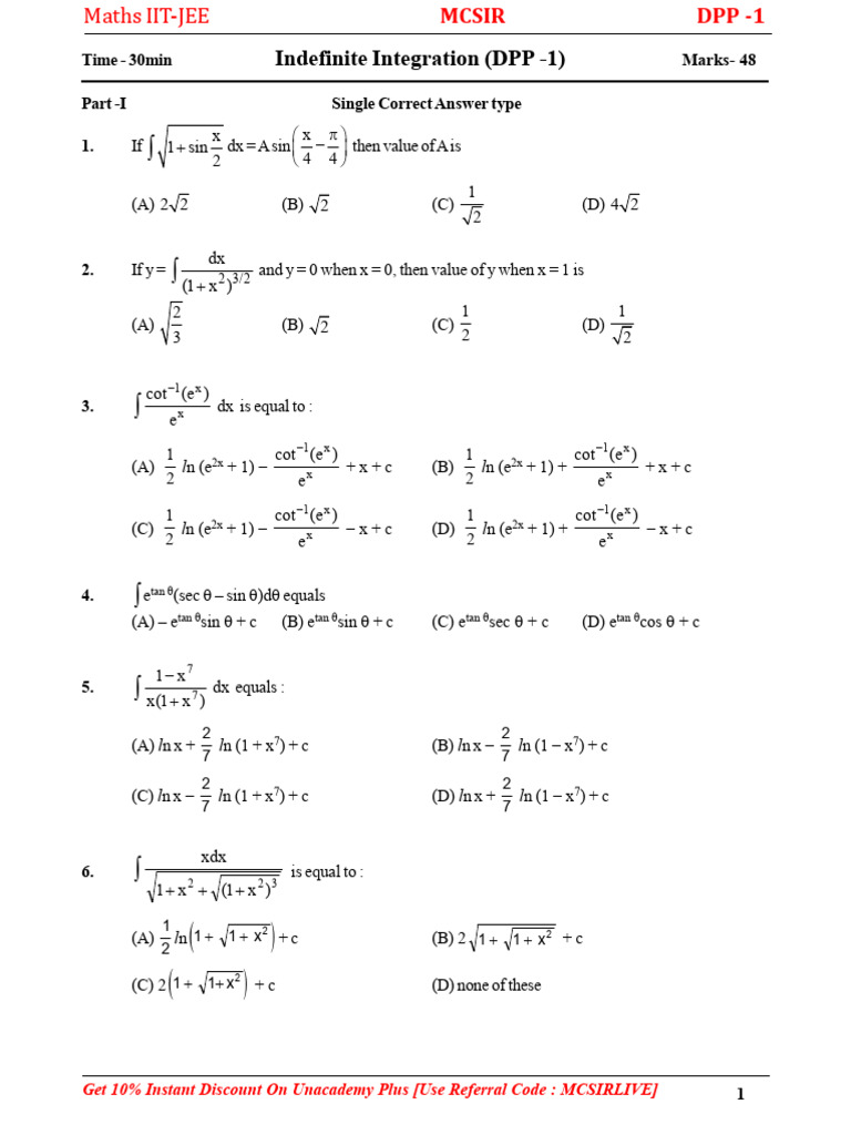 Q - Indefinite - Integration DPP-1 | PDF