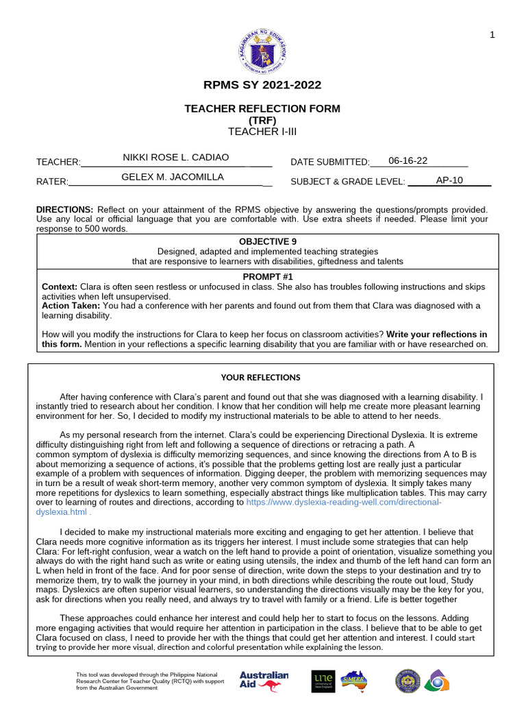 Appendix 4A Teacher Reflection Form For T I III For RPMS SY 2021 2022 1 ...