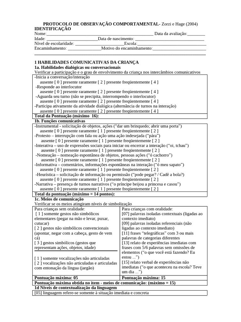 PROTOCOLO DE OBSERVAÇÃO COMPORTAMENTAL zorzi | PDF PROTOCOLO DE OBSERVAÇÃO COMPORTAMENTAL zorzi | PDF