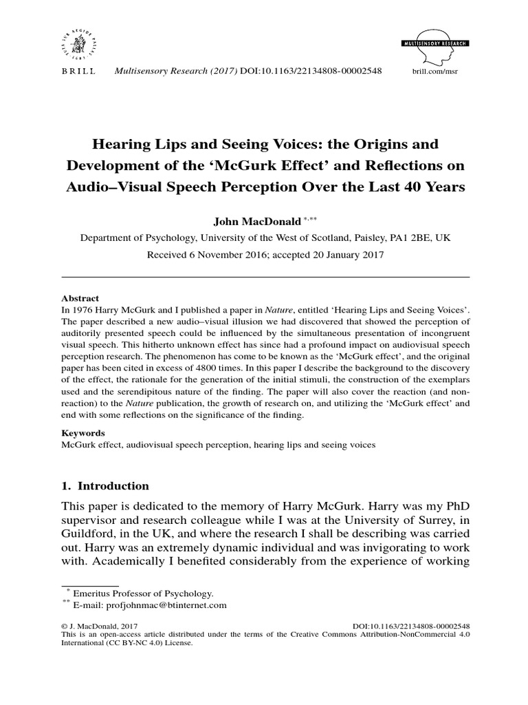 Hearing Lips and Seeing Voices The Origins and Dev | PDF