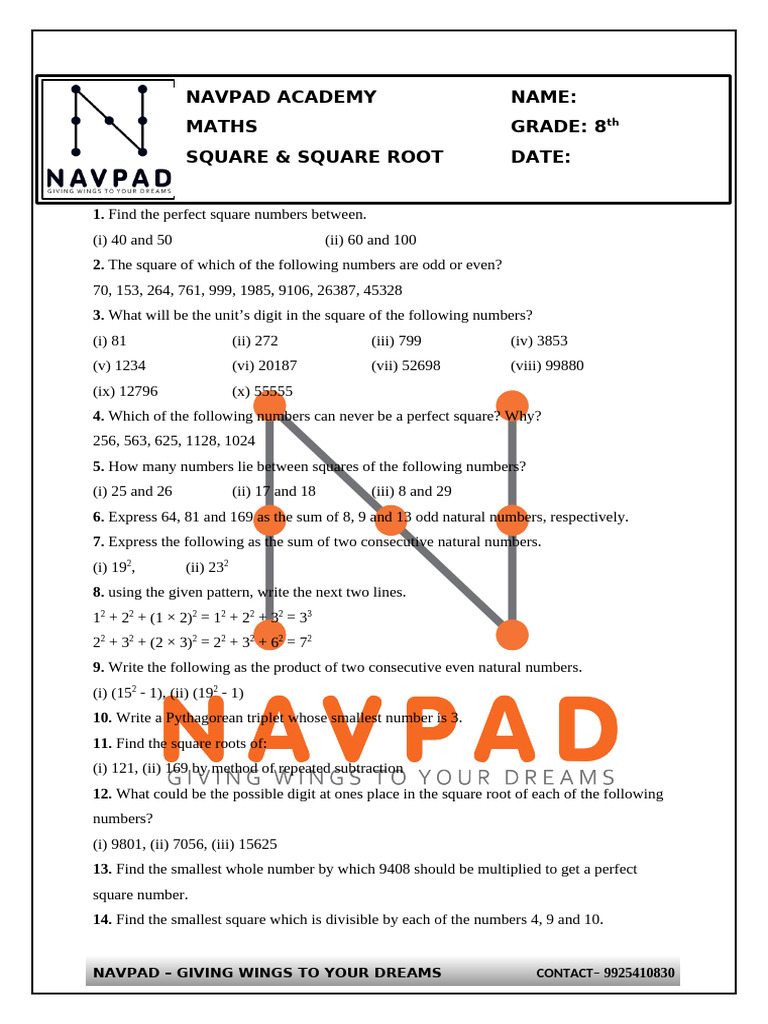 Class 8 Square and Square Roots Worksheet | PDF | Numbers | Teaching ...