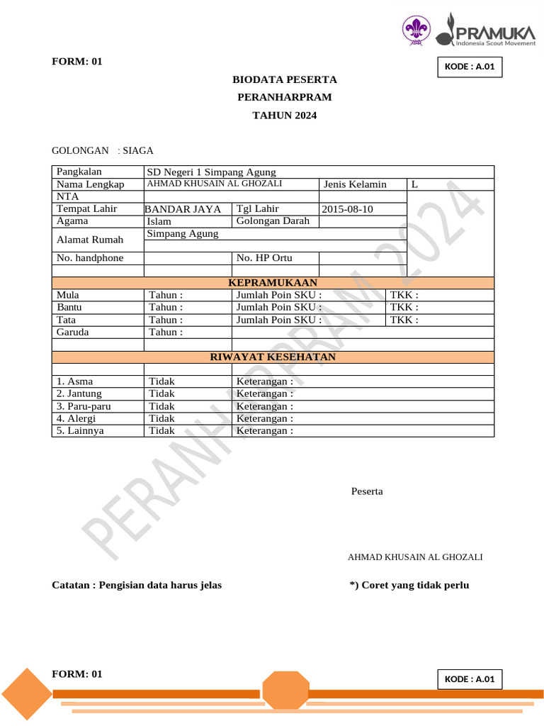 Form 1 - A.01 - Biodata Peserta Siaga | PDF