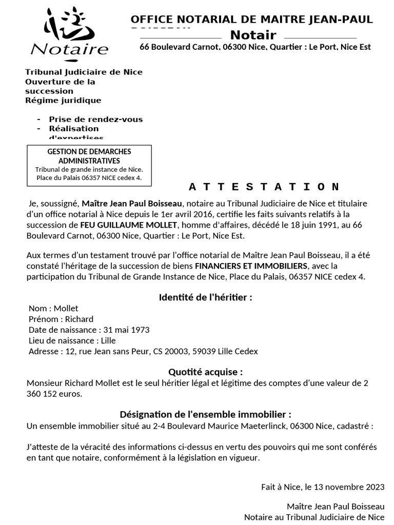 Attestation De Propriete Notariee
