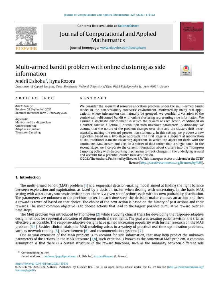 Multi-Armed Bandit Problem With Online Clustering As Side | PDF ...
