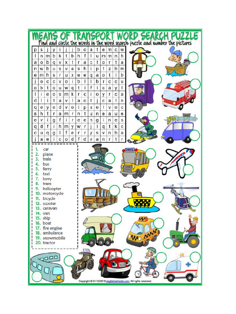 Puzzle For English Lesson - Transportations | PDF