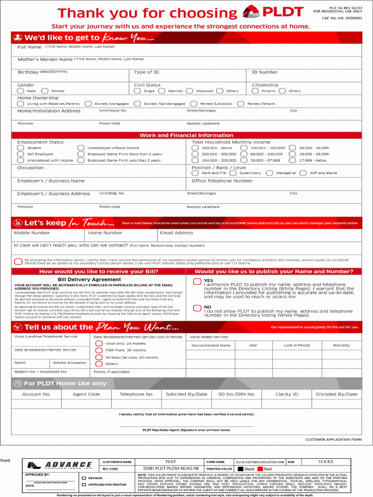 PLDT Customer Application Form Front and Back | PDF