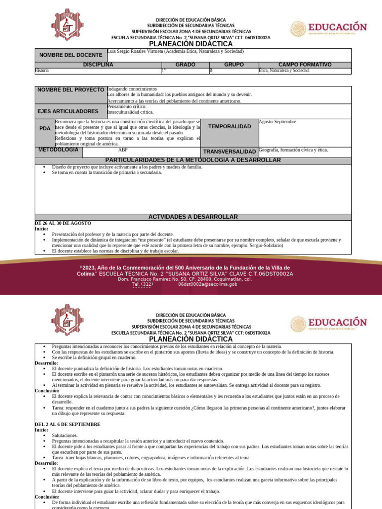 Planeacion Historia 1° AGOS-SEPT | PDF