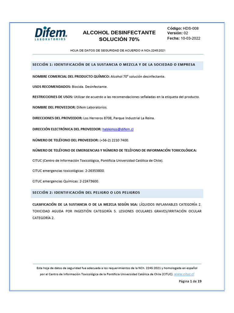 Hs Ficha de Seguridad Alcohol Desinfectante 70 % Difem | PDF