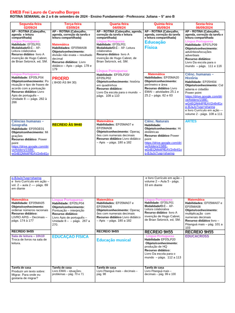 Rotina Semanal 2 A 6 de Setembro de 2024 | PDF