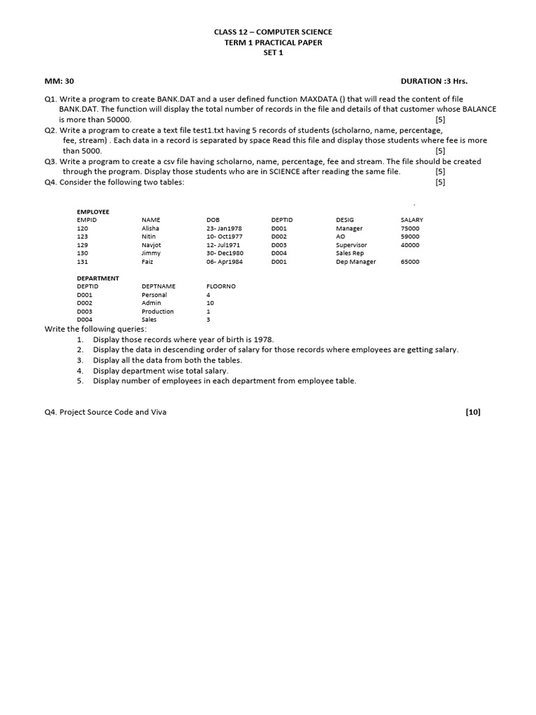 Sample Paper Term1 Practical - Class 12 | PDF