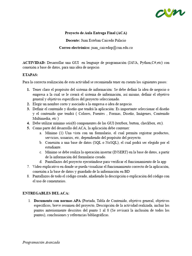ACA - Proyecto de Aula Entrega Final - Programación Avanzada | PDF