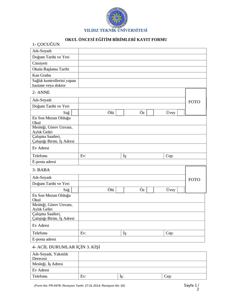 FR-0478-Okul Öncesi Eğitim Birimleri Kayit Formu | PDF