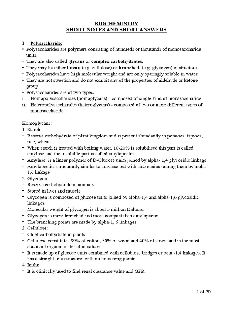 Biochemistry Short Notes, Answers | PDF | Lipoprotein | Polysaccharide