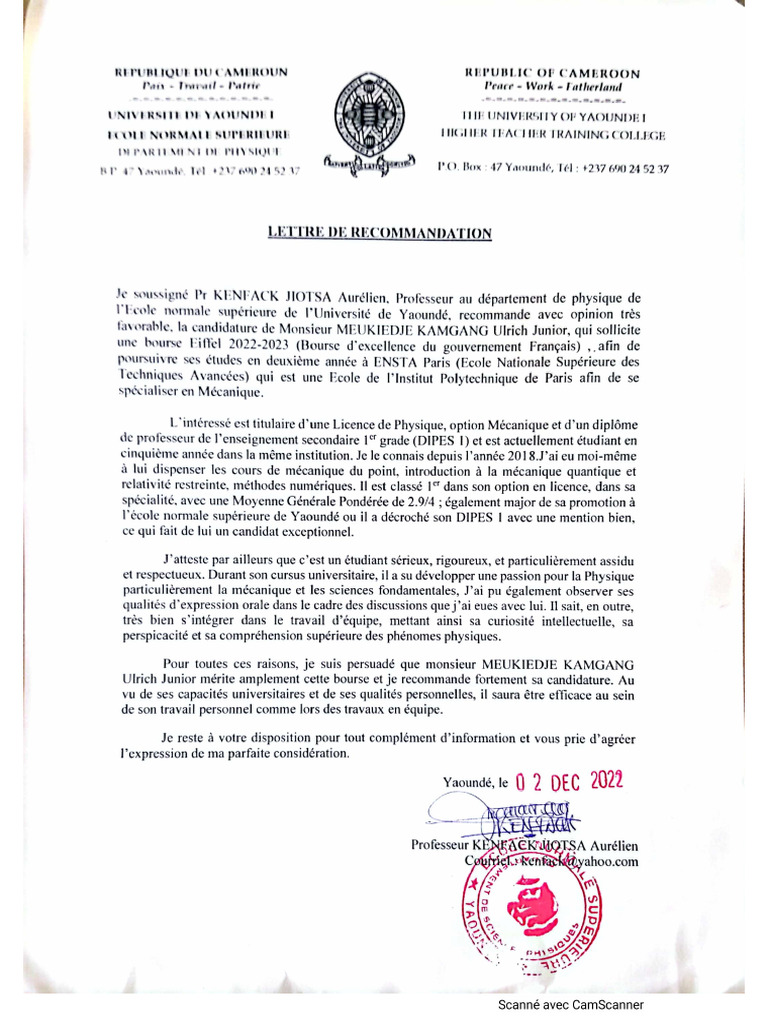 Recommandation Prof Kenfack | PDF