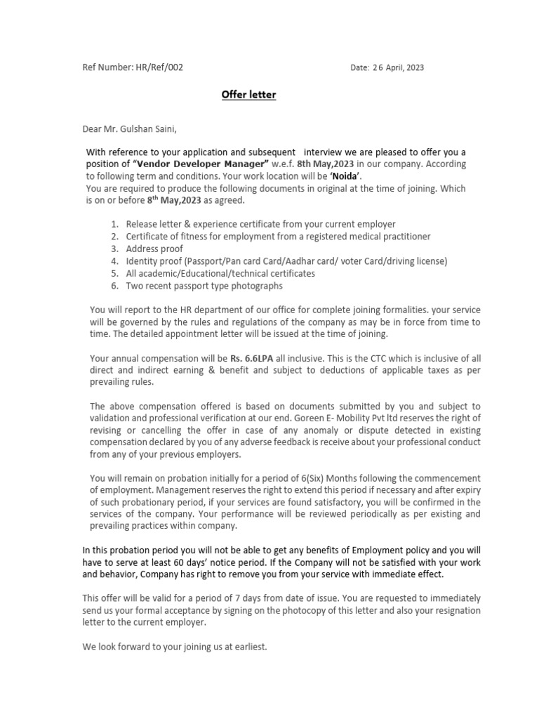 Provisional Offer Letter - Gulshan Saini (Vendor Developer Manager) | PDF