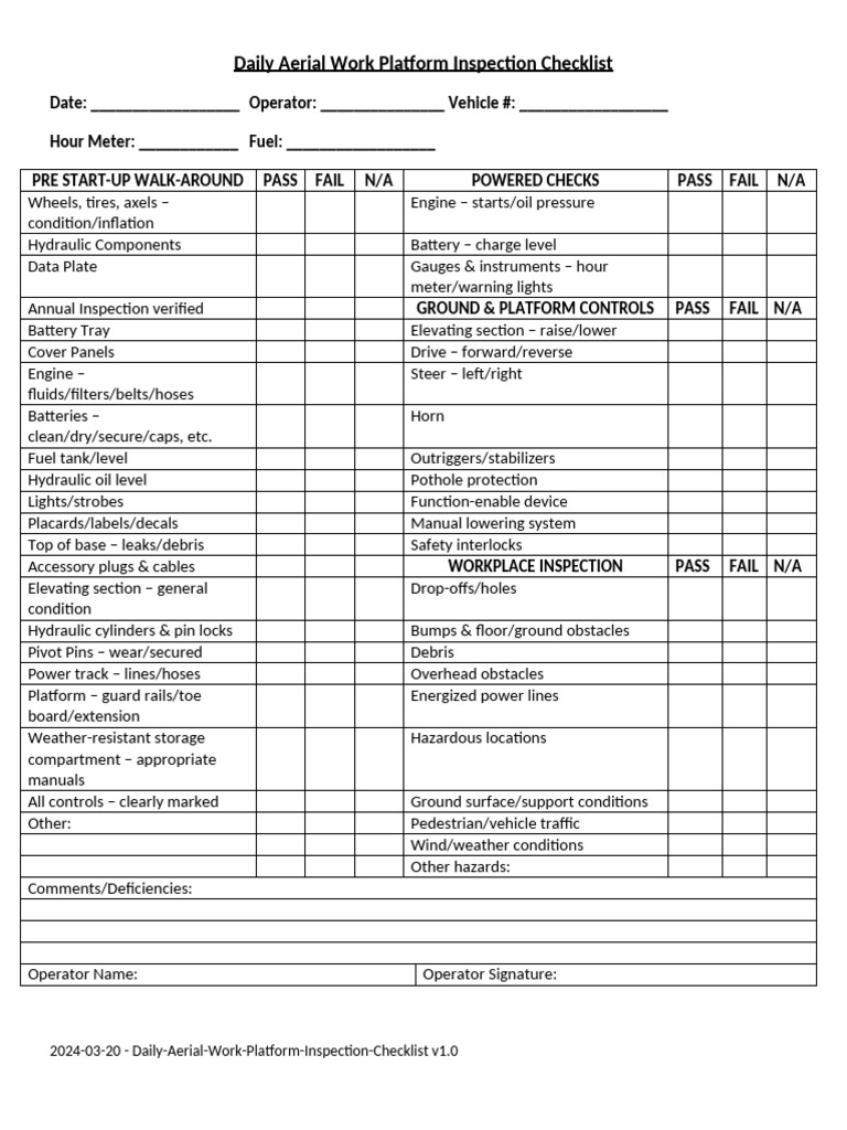 2024 03 20 7.2 Aerial Work Platform Inspection Checklist v1.0 | PDF