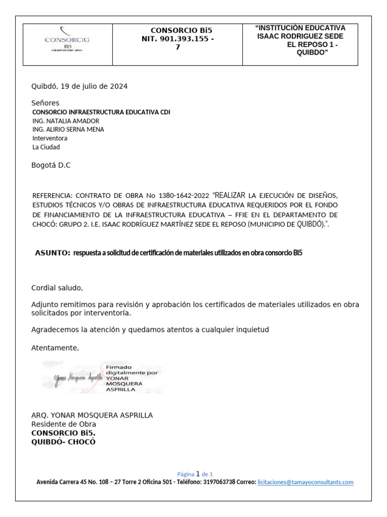 Certificados de Materiales en Obra Isaac Rodriguez | PDF