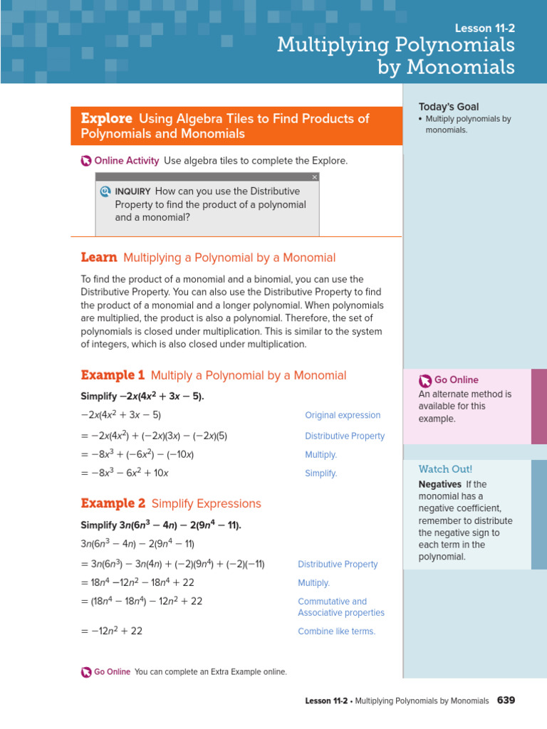 Lesson 1.2 - Multiplying Monomials and Polynomials | PDF