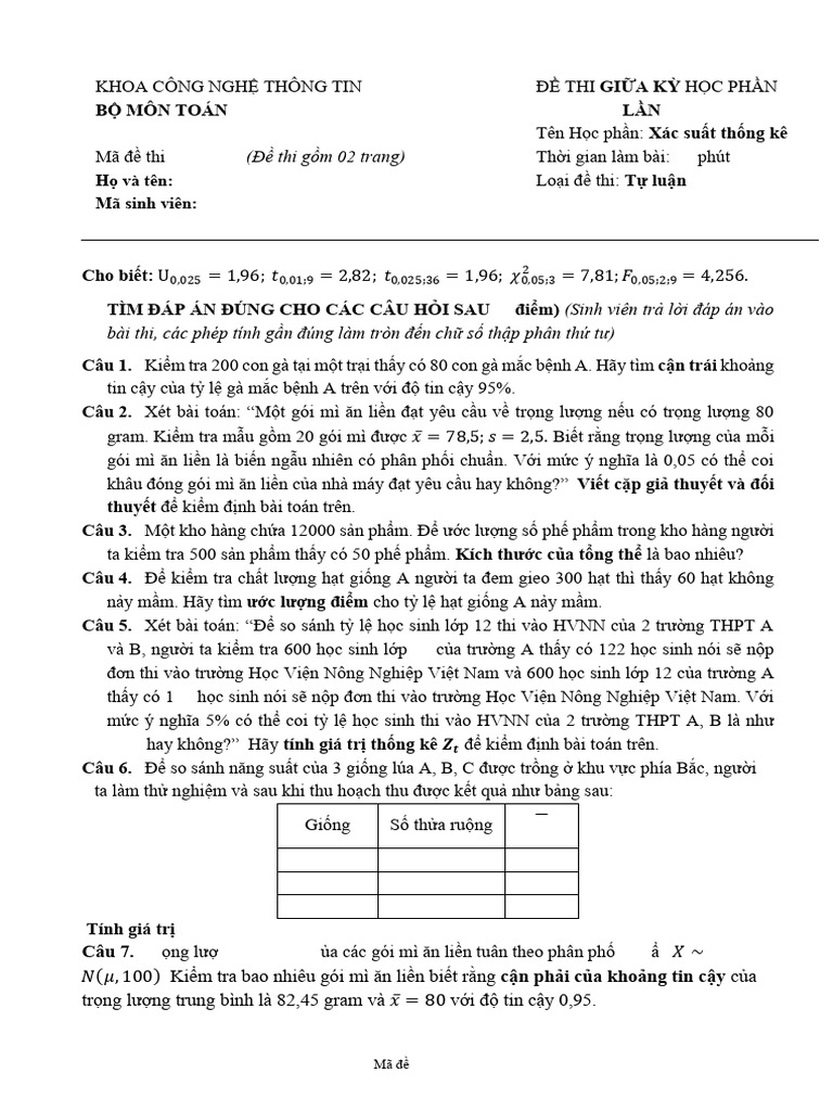 Đề mẫu-XSTK-Lần 2 | PDF