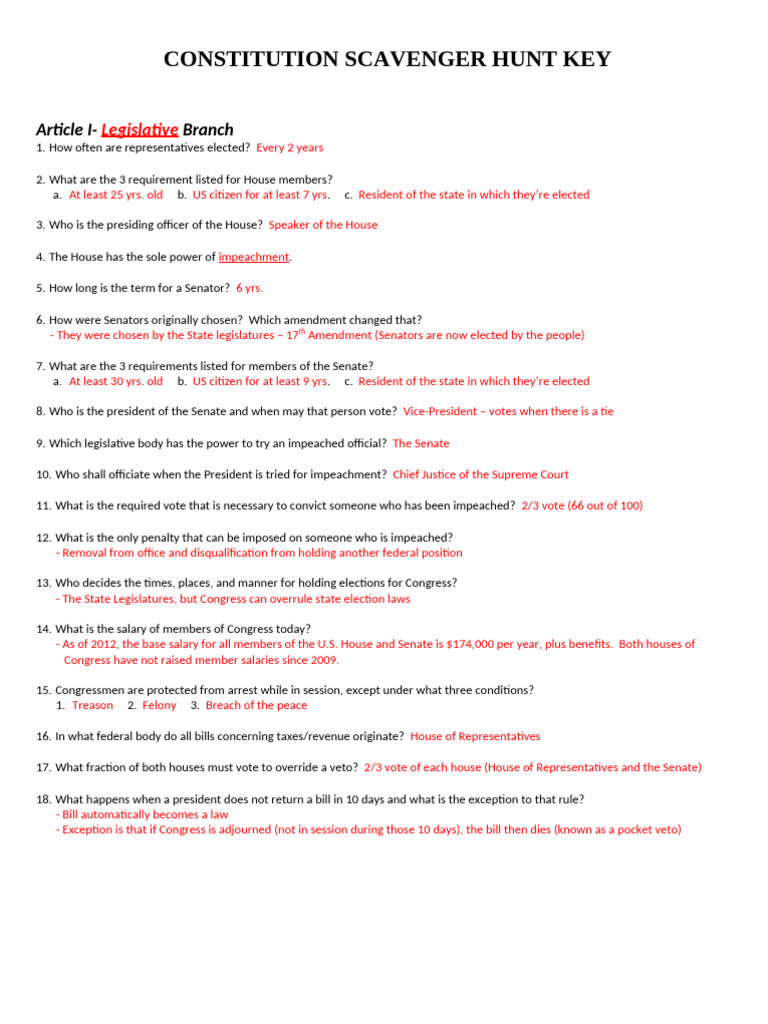 Constitution Scavenger Hunt Key | PDF