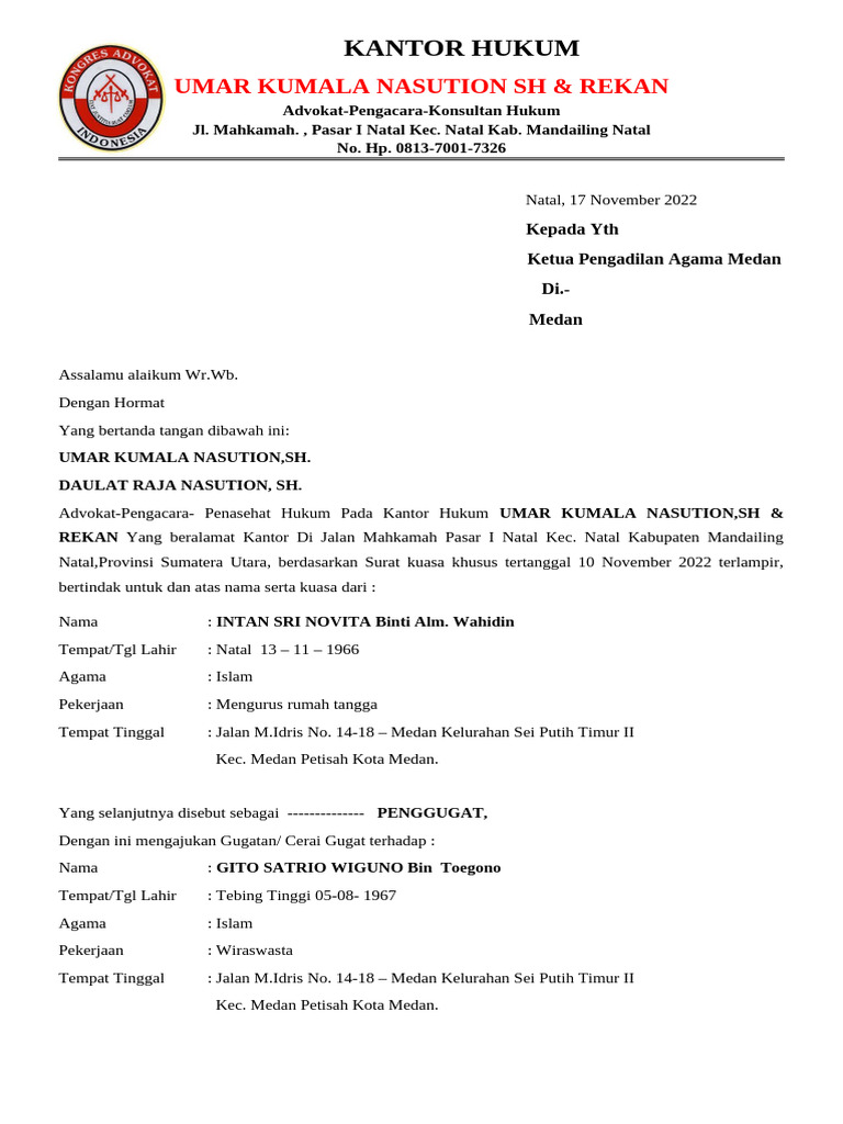 Gugatan Cerai Intan Sri Novita | PDF