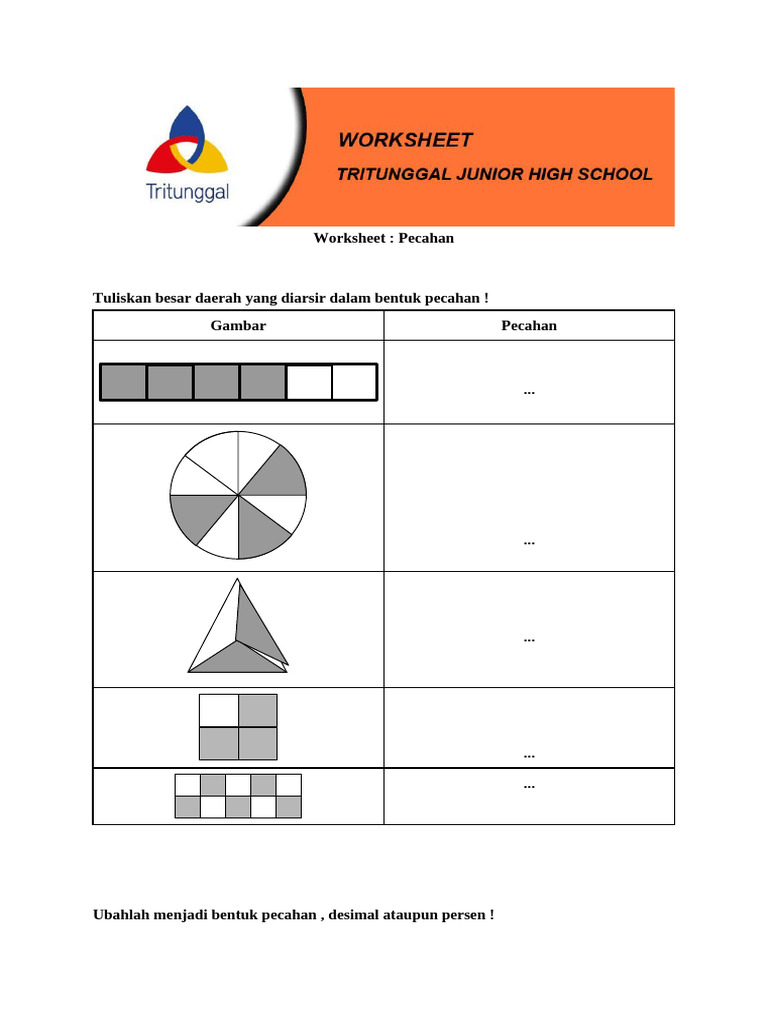 Worksheet _ Pecahan | PDF