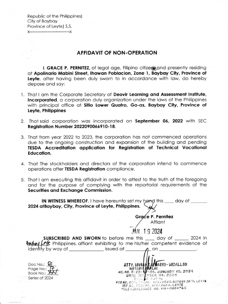 Affidavit of Non Operation | PDF