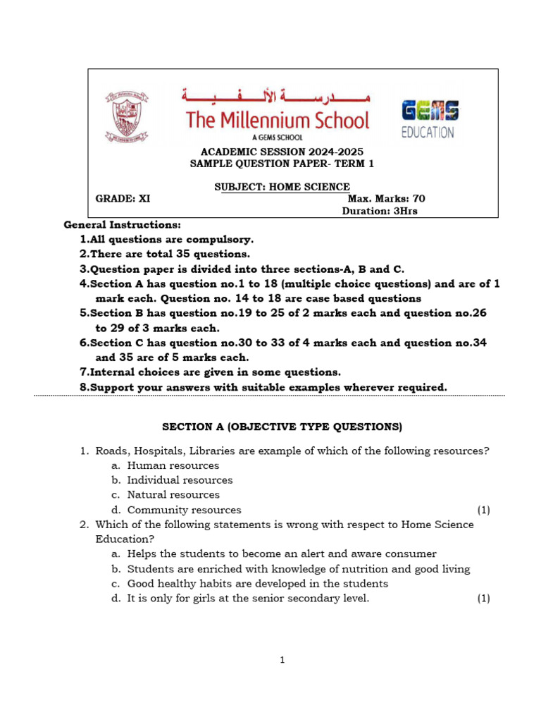 Sample Paper Term 1 2024-2025 | PDF