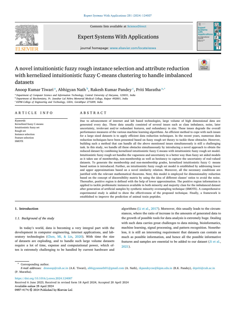 A Novel Intuitionistic Fuzzy Rough Instance Selection and A - 2024 - Expert Syst | PDF | Cluster ...