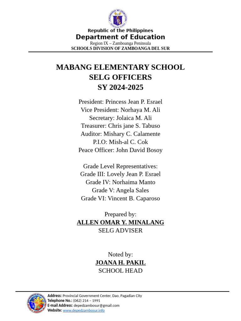 SELG OFFICERS 2024-2025 MABANG ES | PDF