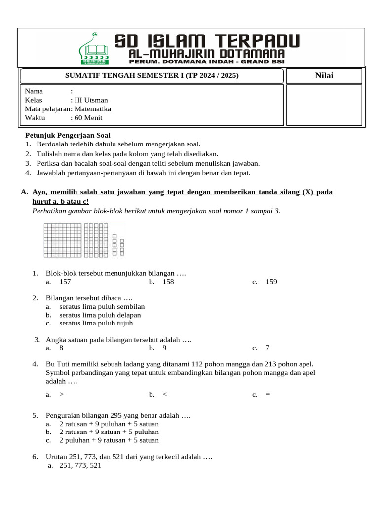 Soal Sts i Mtk Kelas 3 | PDF