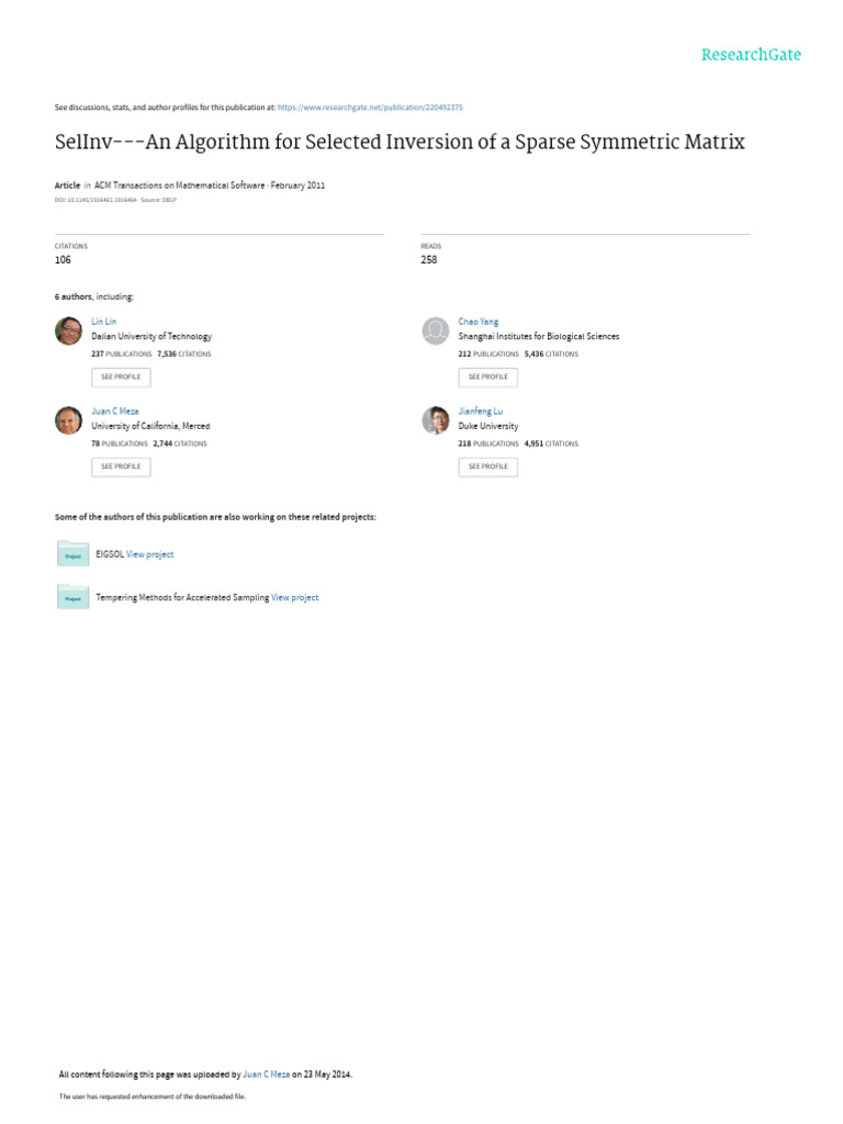 SelInv - An Algorithm For Selected Inversion of A | PDF
