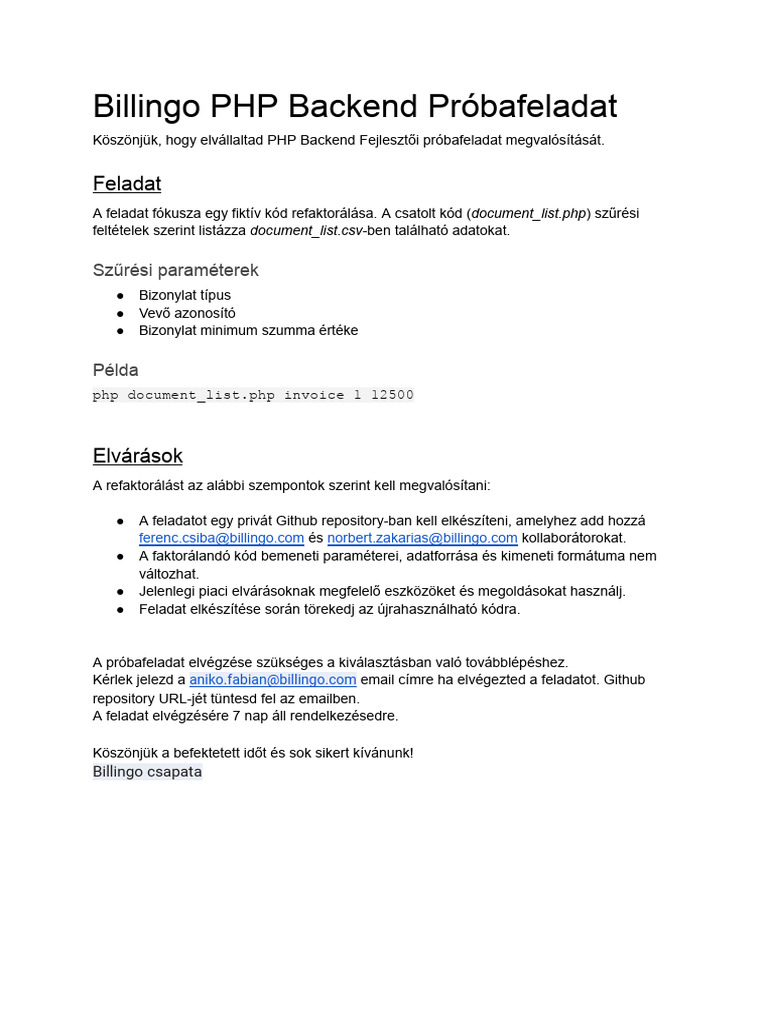 PHP Backend Próbafeladat | PDF