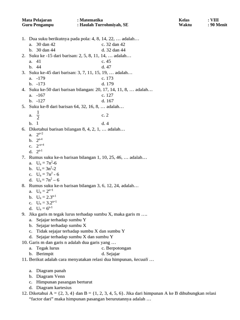 SOAL PAS SMP MTK KLS 8 2022 Ganjil | PDF