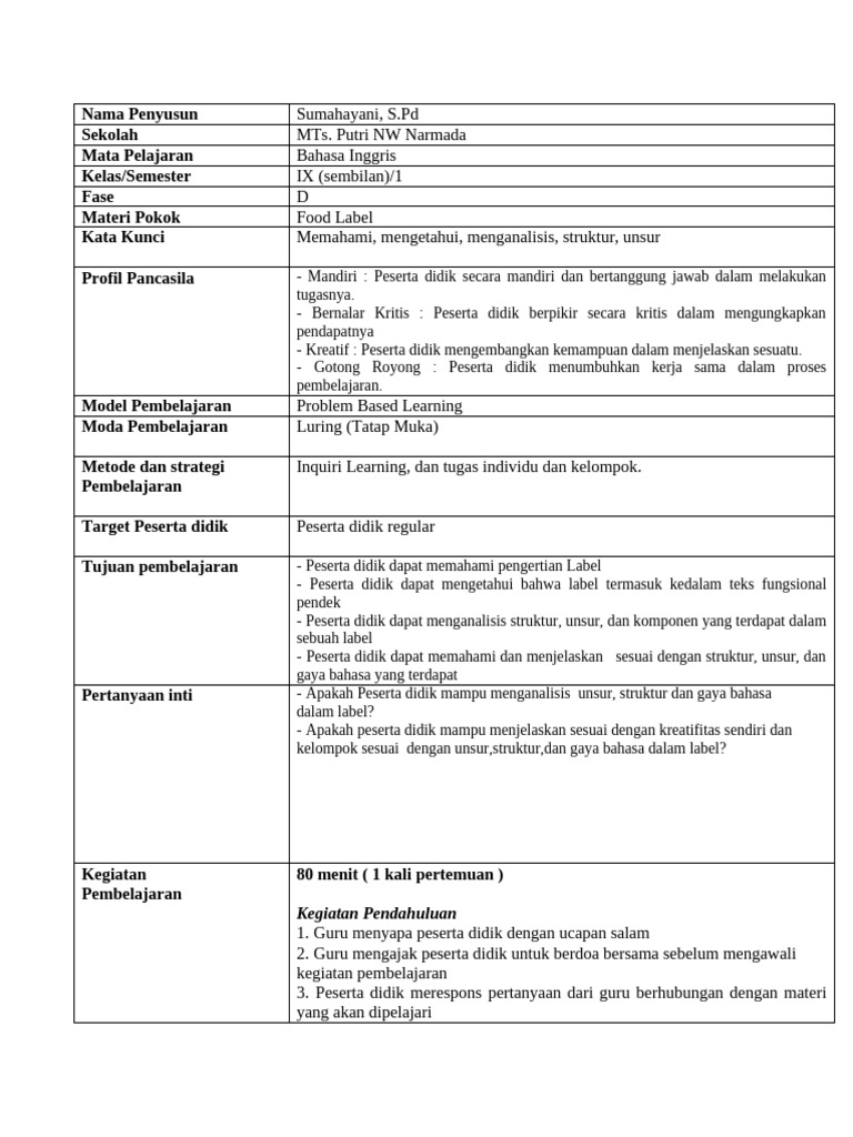 Modul Ajar Kelas 9 (Food Label) | PDF