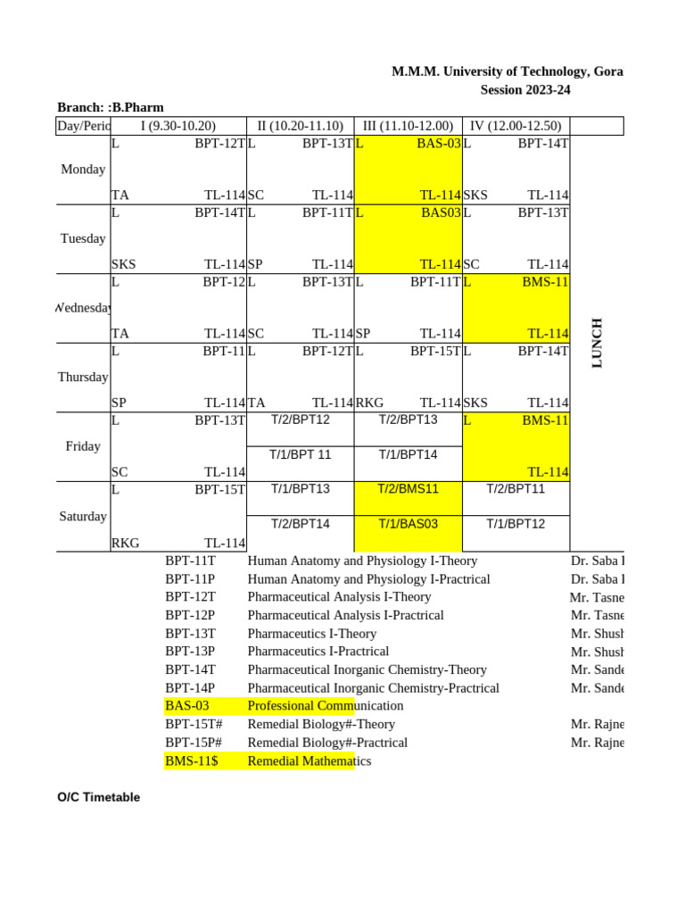 Time Table Tentative First Year | PDF