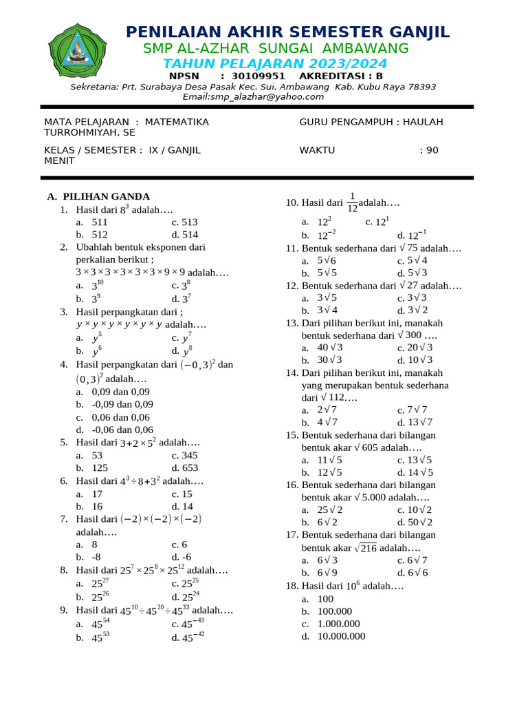 Soal MTK Kelas 9 Ganjil 2023 | PDF