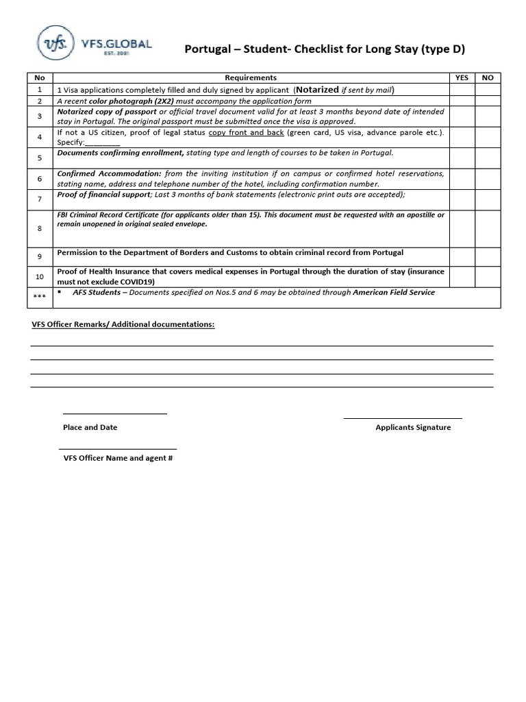 Portugal Student Visa Checklist | PDF