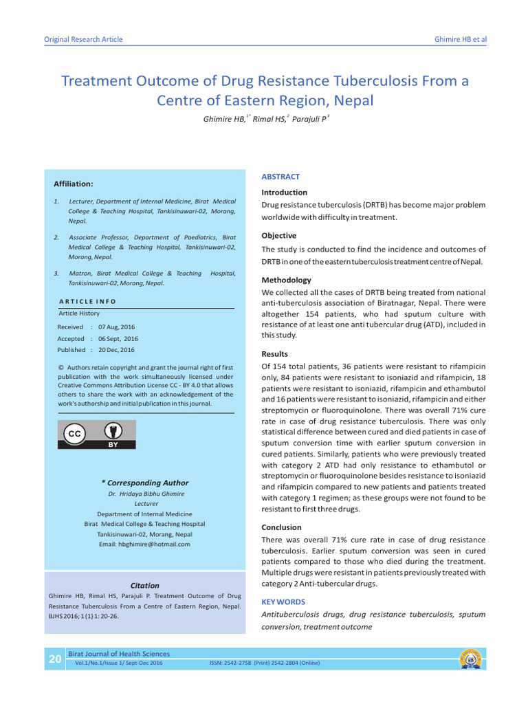 Treatment Outcome of Drug Resistance Tuberculosis From a Centre of ...